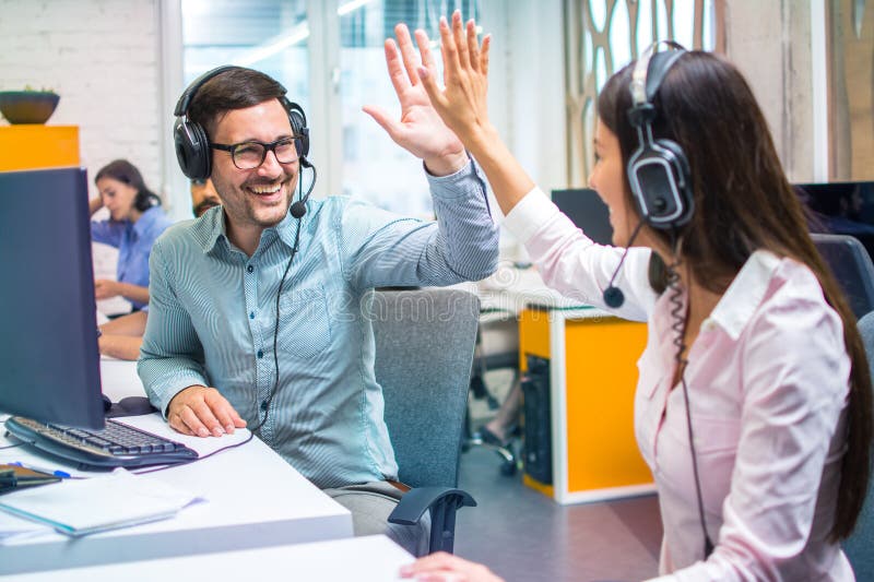 Customer Support Representative Operators Giving High Five To Each ...