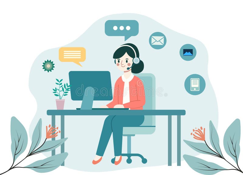 Customer Support Representative Working on Computer with Headset Stock ...