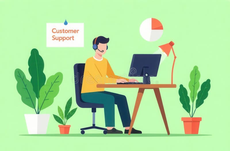 Customer Support Representative Working in an Office with Plants Stock ...