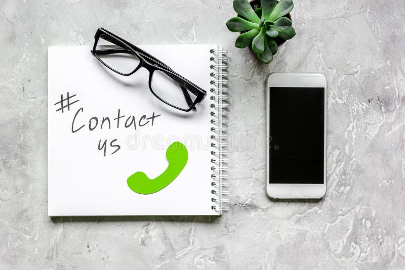 Customer Support Service Desktop with Contact Us Signs on Gray ...