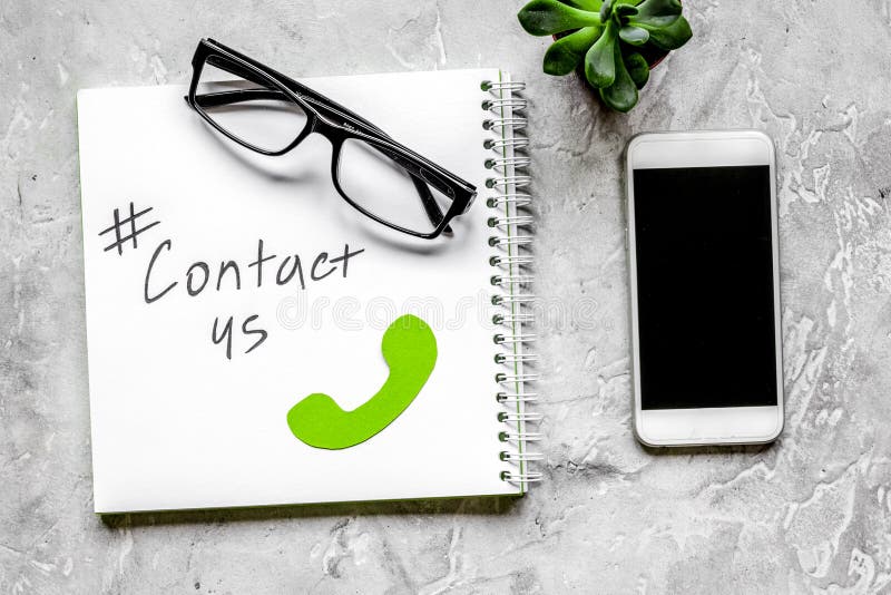 Customer Support Service Desktop with Contact Us Signs on Gray ...