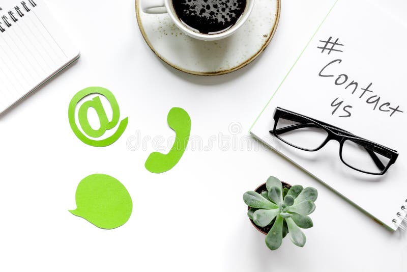 Customer Support Service Desktop with Contact Us Signs on White ...