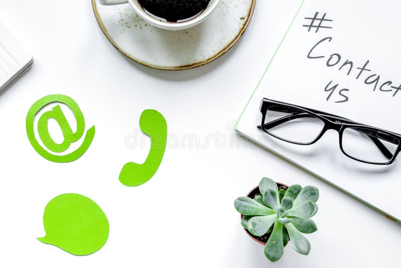 Customer Support Service Desktop with Contact Us Signs on White ...