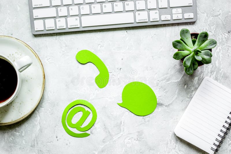 Customer Support Service Desktop with Contact Us Signs on Gray ...