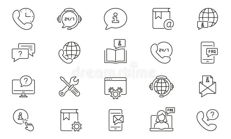 Customer Support Services Line Icon Set. Global Communication and FAQ ...