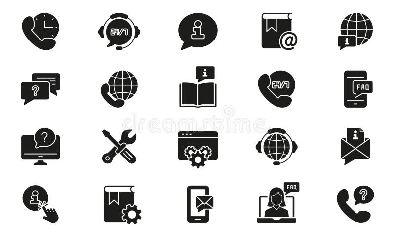 Customer Support Services Silhouette Icon Set. Global Communication and ...