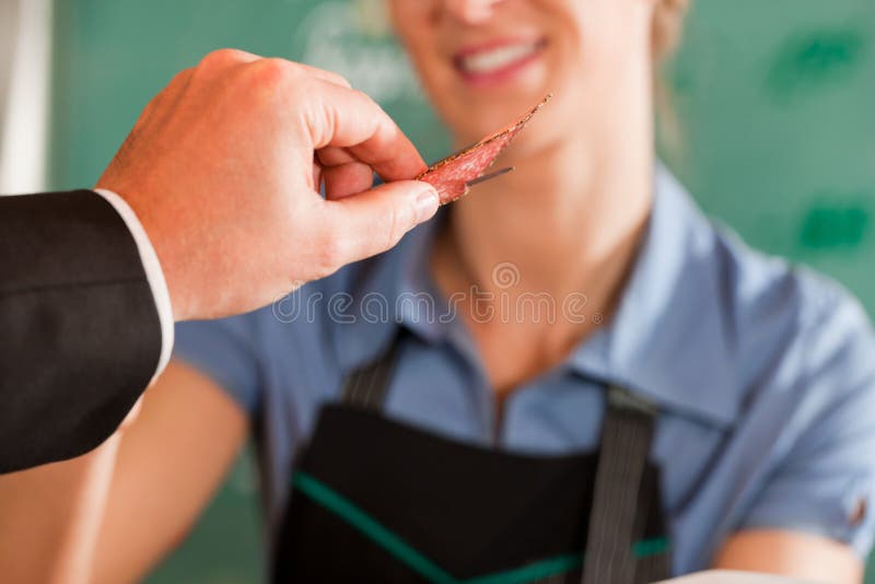 Customer Taking a Piece of Meat from Butcher Stock Image - Image of ...