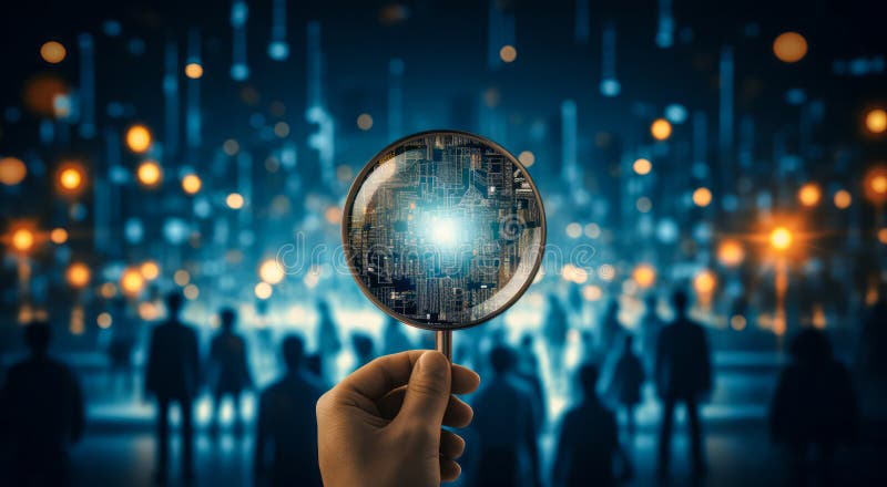 Customer Target in CRM Hand with Magnifying Glass Over Human Icon Stock ...