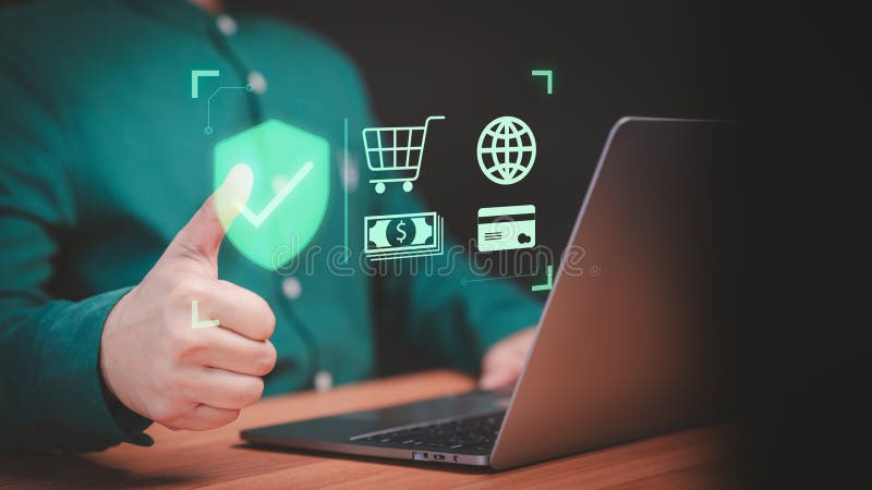 Customer Use a Computer Laptop with Sign of Security Protection System ...
