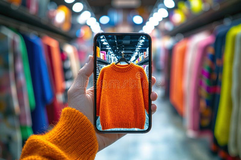 Customer Using Augmented Reality App Choosing Orange Sweater in Fashion ...