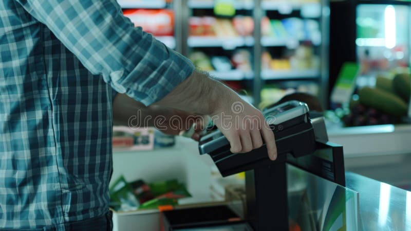 Customer Using a Contactless Payment Method at a Modern Grocery Store ...