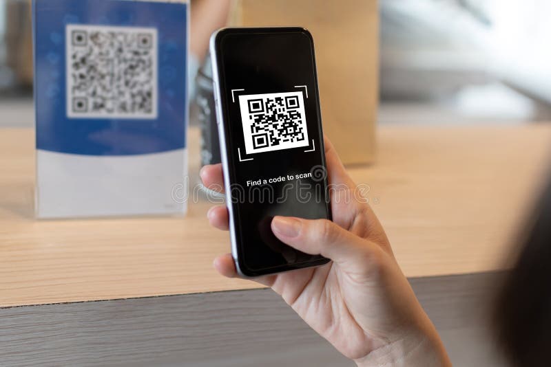 Customer Using Digital Mobile Phone Scan QR Code Pay for Buying Coffee ...