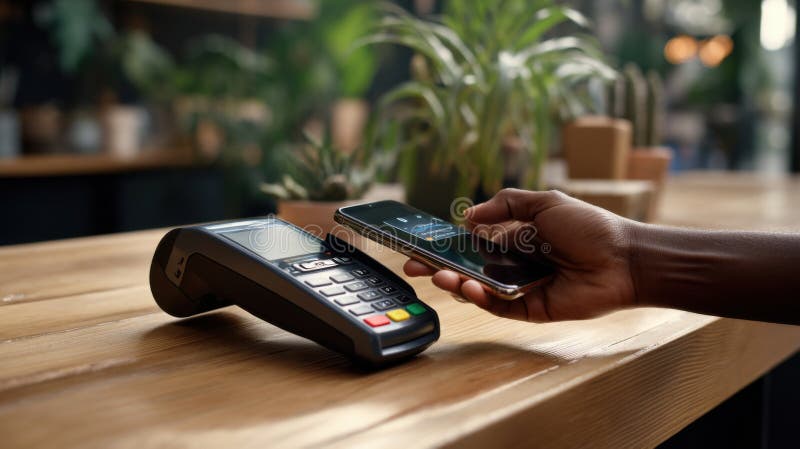 Customer Using Mobile Payment at Point of Sale in a Modern Cafe Setting ...