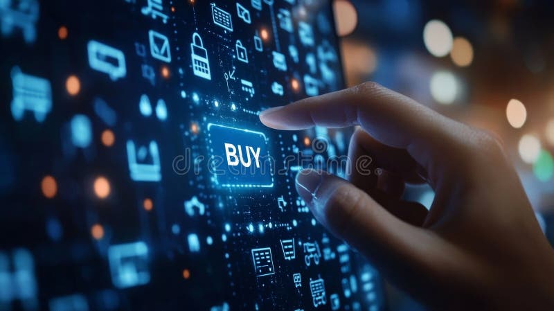 Customer Using Online Shopping Application, Tapping Buy Button on ...