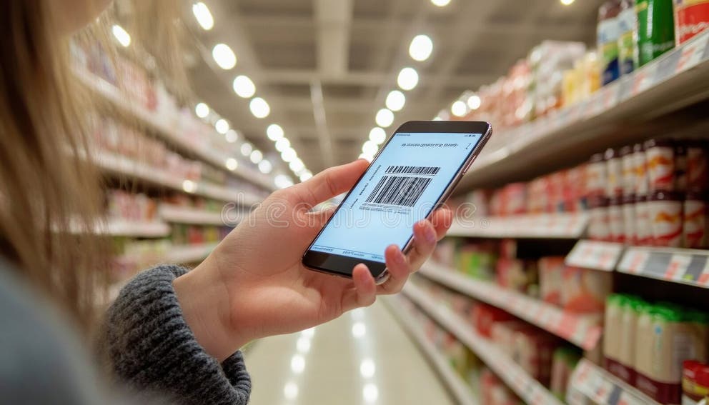 Customer Using Smartphone for Scanning Barcode in Supermarket Stock ...