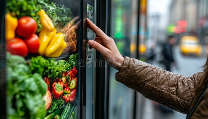 Customer Using Touch Screen on Vending Machine To Order Healthy Food ...