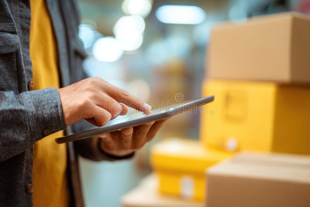 Customer Verifies Package Delivery on Tablet while Surrounded by ...