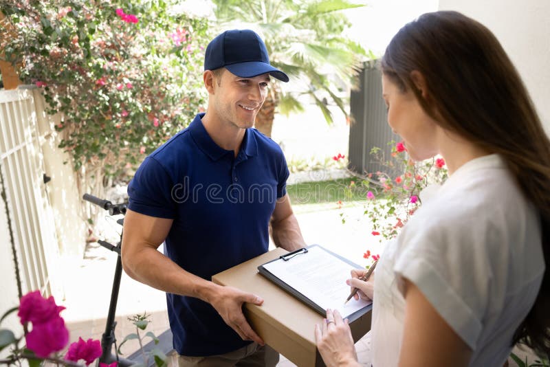 Customer Woman Signing Receiving Confirmation Document for Courier ...