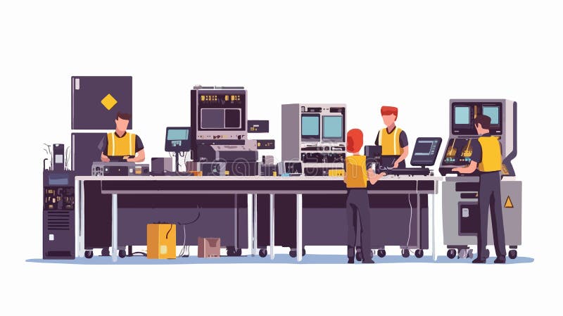 Customers and Workers in an Electronic Repair Workshop. Stock Vector ...