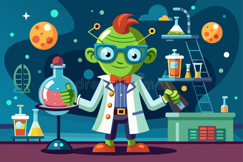 Customizable Cartoon Illustration of an Alien Scientist Holding a Flask ...