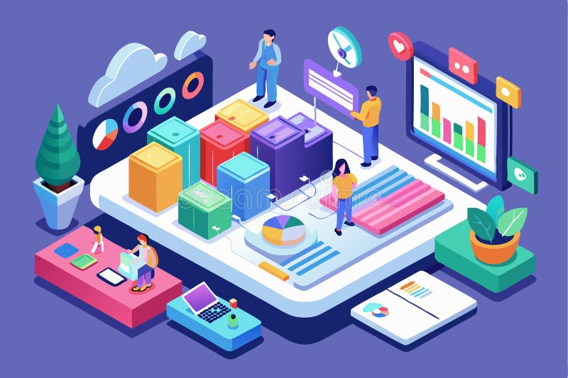 A Customizable Isometric Social Dashboard Displays Colorful Data Charts ...