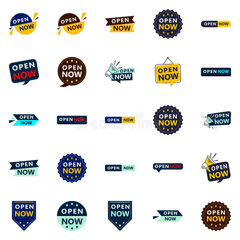 Customizable Open Now Sign Pack 25 Designs Stock Vector - Illustration ...