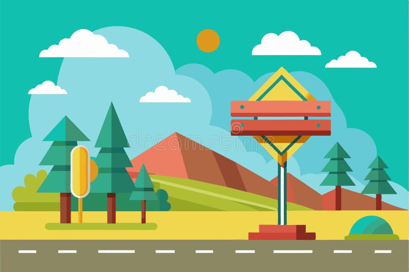 Customizable Road Sign Illustration with Mountain, Trees, Road, and ...
