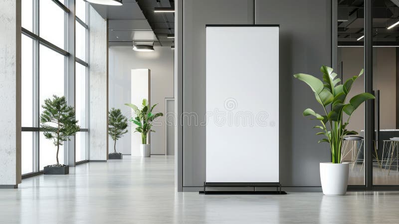 Customizable Roll-up Mockup Poster Standing in a Modern Office Lobby ...