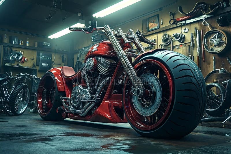 Customized Red Chopper Motorcycle Parked in Garage or Workshop Stock ...