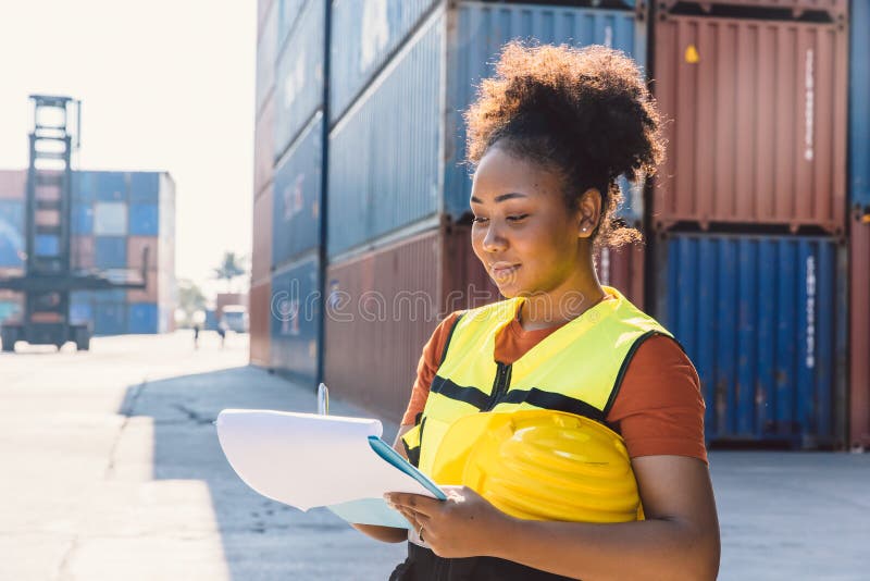 Customs Officer Working Check on List Board Cargo Container in Port ...