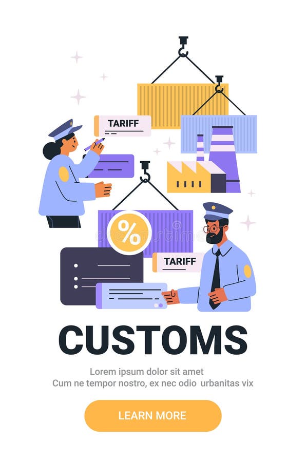 Customs Officers Inspecting Shipping Containers Trade Tariffs. Two ...