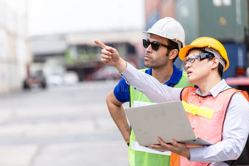 Customs Staff Worker Working Together Hand Pointing at High for ...