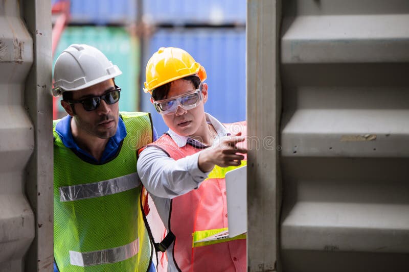 Customs Team Staff Open Container Door Checking Look Inside Cargo in ...