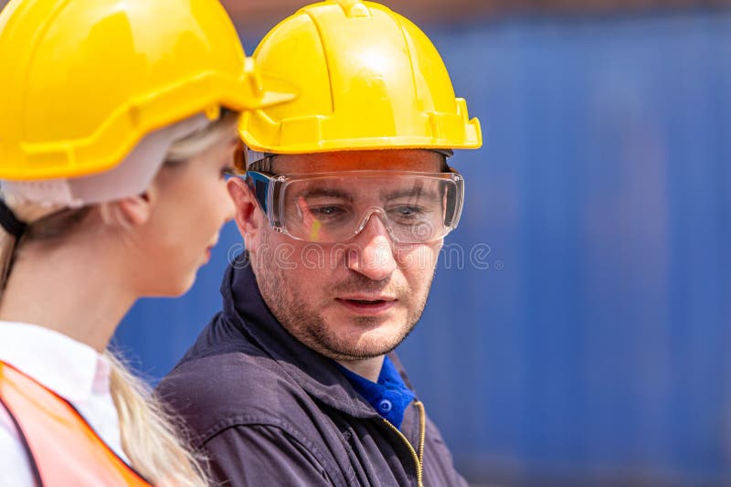 Customs Worker Team Cooperate Talking Discussion Together in Port Cargo ...
