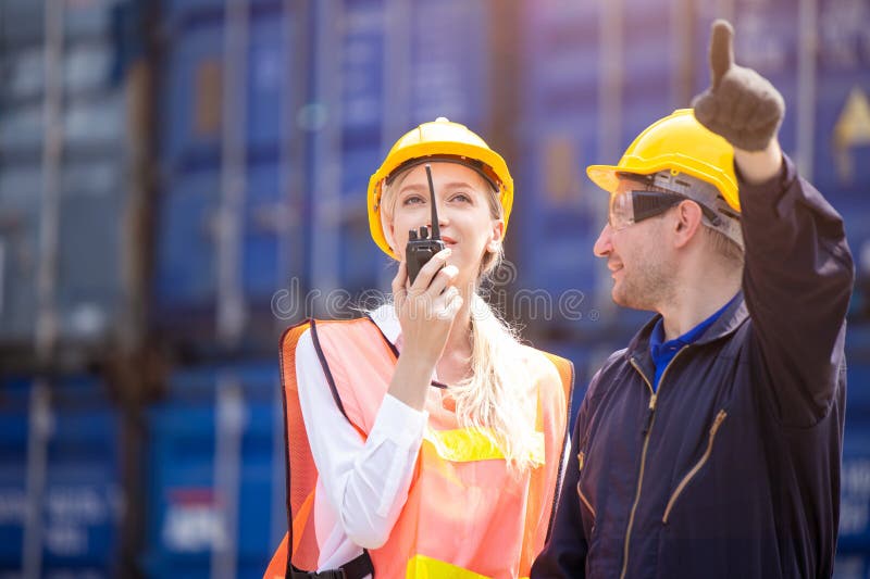 Customs Worker Team Working in Port Cargo Shipping Container Yard ...