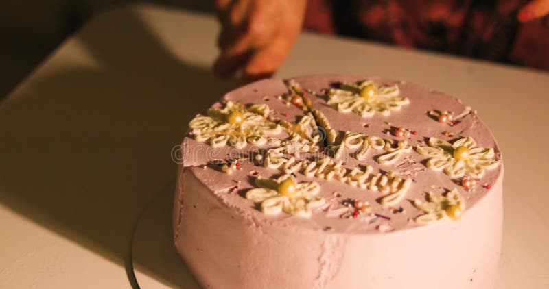 Cut the Birthday Cake into Pieces on the Table with a Knife Stock Video ...