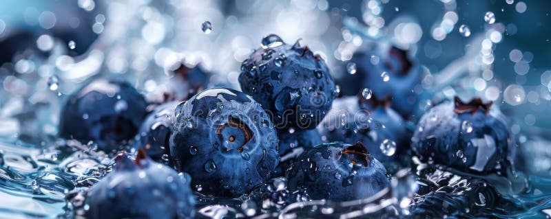 Cut Blueberries in a Dynamic Splash Surreal Wideangle View Liquid ...