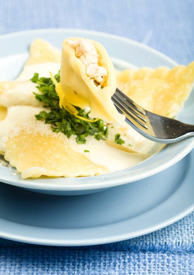 Cut Chicken Ravioli stock image. Image of plate, tablecloth - 11617843
