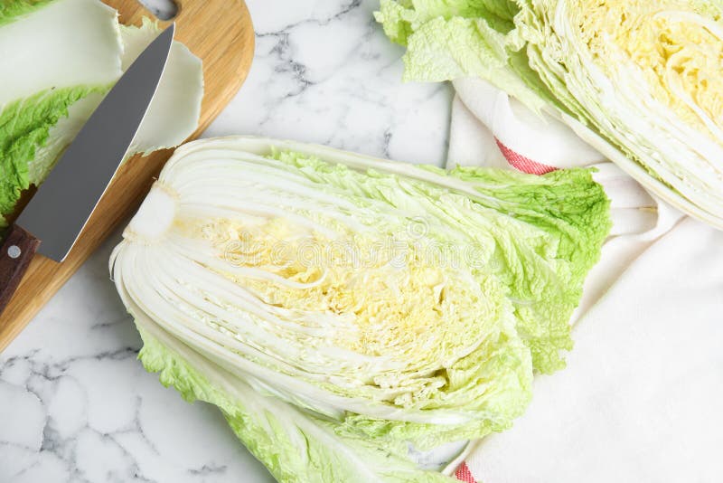 Cut Chinese Cabbage on White Marble Table, Flat Lay Stock Image - Image ...
