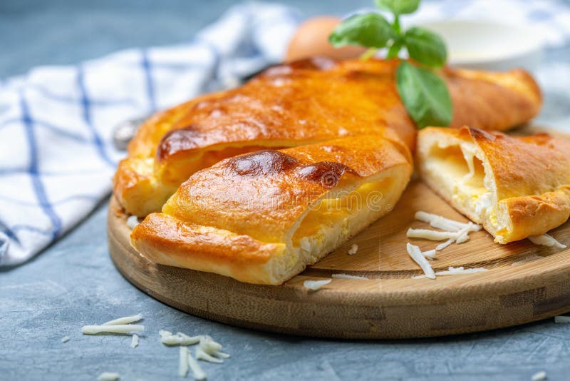 Cut Closed Pie with Cheese and Egg Khachapuri Stock Photo - Image of ...
