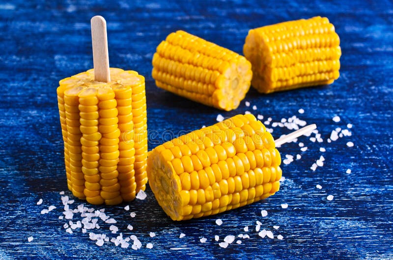 Cut Corn on the Cob on a Stick Stock Photo - Image of boiled, autumn ...