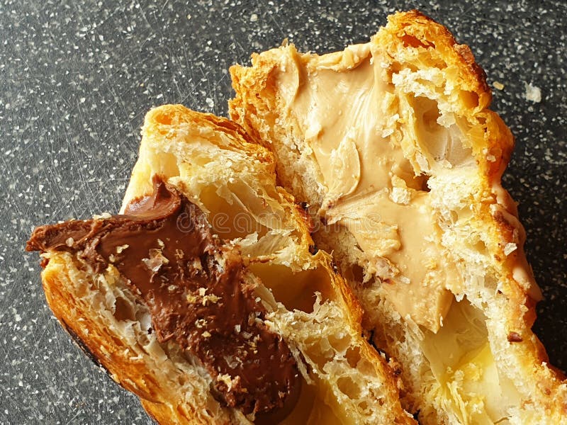 Cut Croissant Halves with White and Black Chocolate Stock Image - Image ...