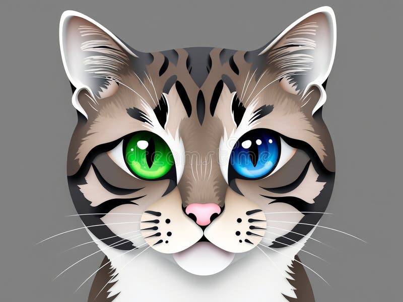 Cut 3D Design Front View Portrait of a Cat with One Green and One Blue ...