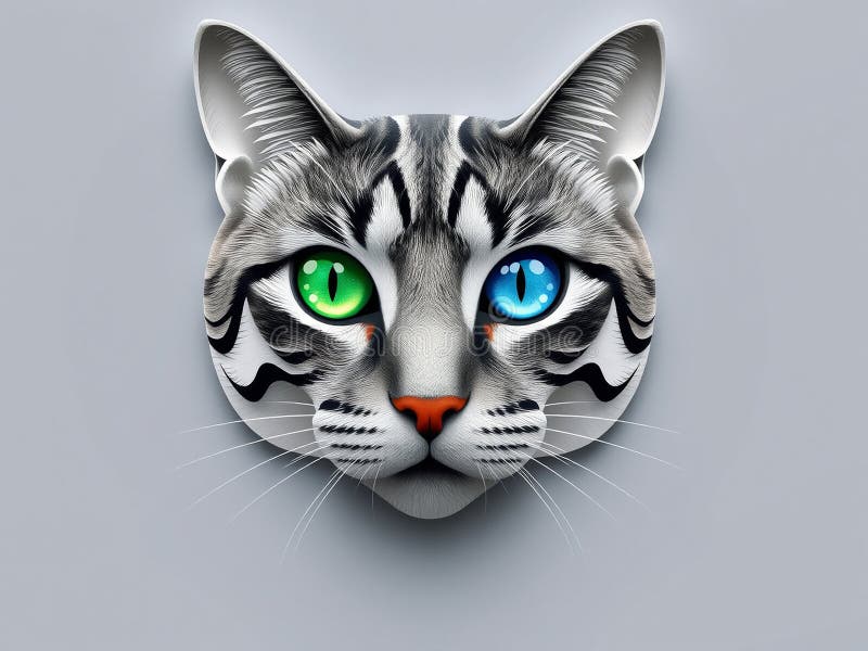 Cut 3D Design Front View Portrait of a Cat with One Green and One Blue ...