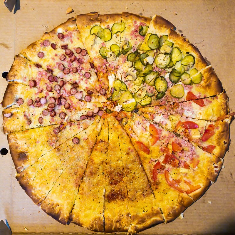 Cut Different Types of Pizza in One Box Stock Photo - Image of snack ...