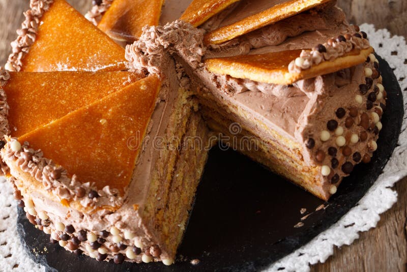 Cut Dobos Cake Close-up. Horizontal Stock Photo - Image of food, butter ...