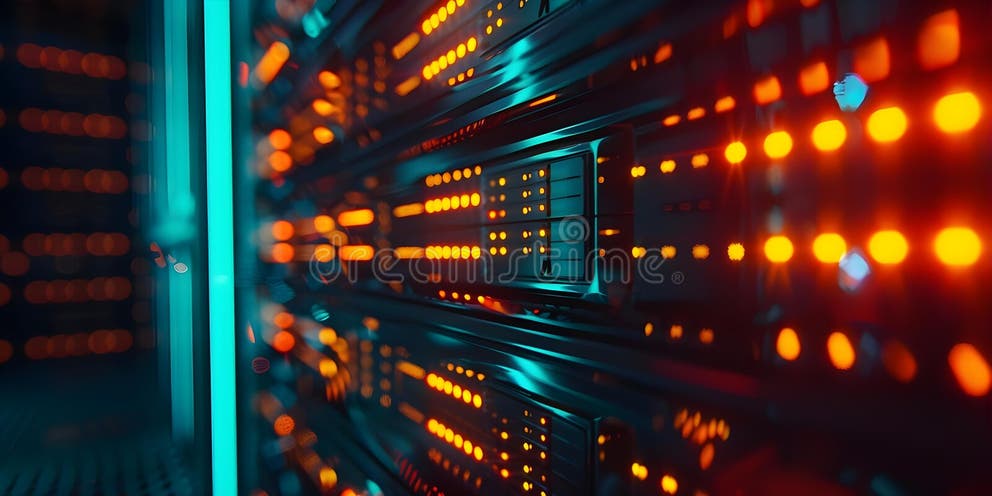 Cut Down a Closeup of a Server Rack with Glowing Lights Symbolizing ...
