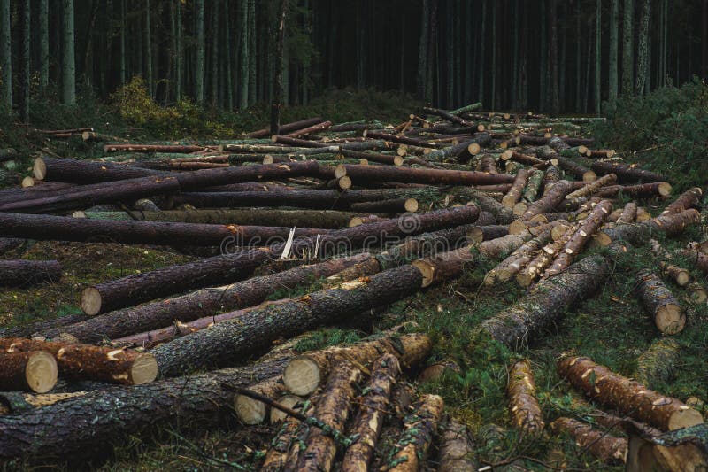 Cut Down Pine Trees. Landscape of Cut Down Trees in the Forest Stock ...