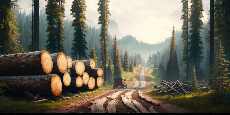 Cut Down Tree Logs by the Road in the Forest Stock Image - Image of ...