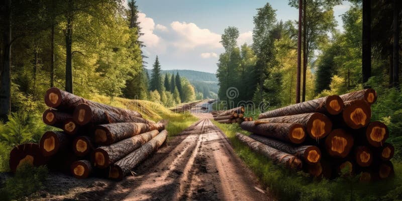 Cut Down Tree Logs by the Road in the Forest Stock Illustration ...
